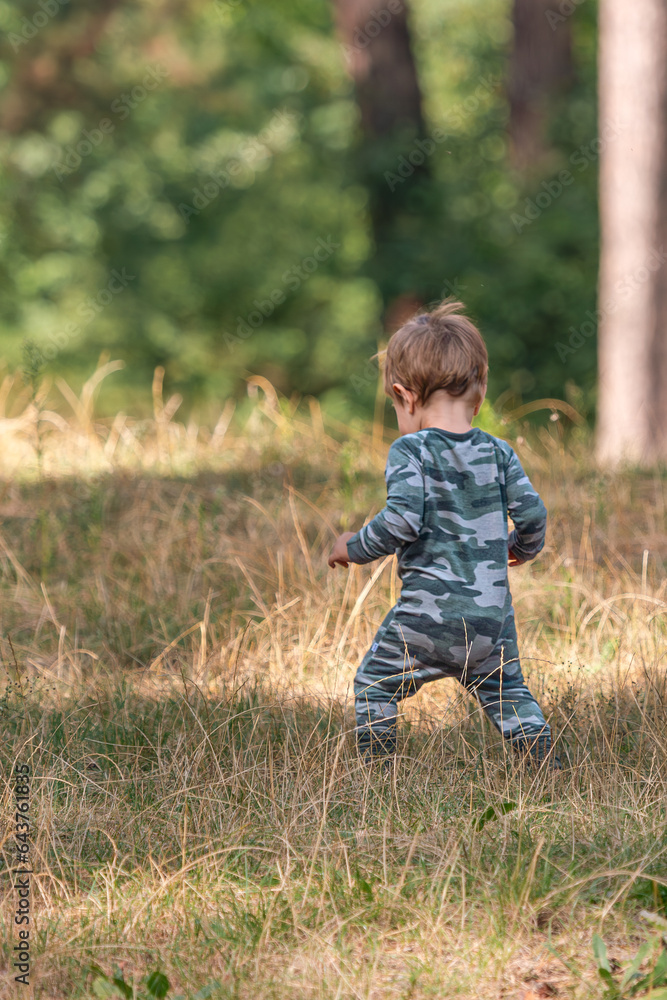 Little boy in overalls. Child on a walk in the park. Happy childhood. A ...