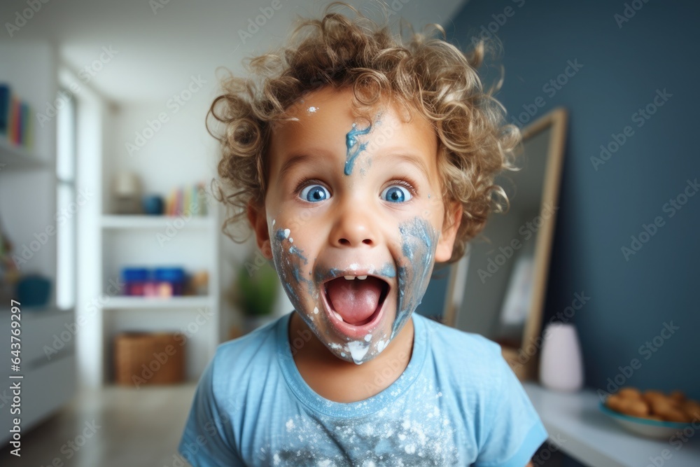 Little blond boy with smeared paint on his face is surprised and ...