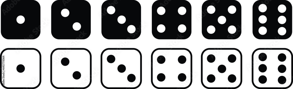 Game dice icon set of monochrome dice. Dice collection in a flat and linear design from one to ...