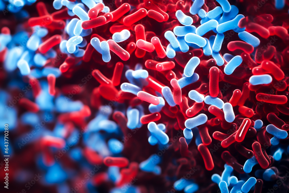 Red blue macro bacteria microorganisms. Microorganism under microscope ...