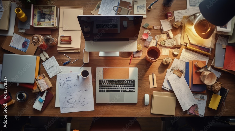 an office table desk meticulously arranged as a workspace, featuring ...