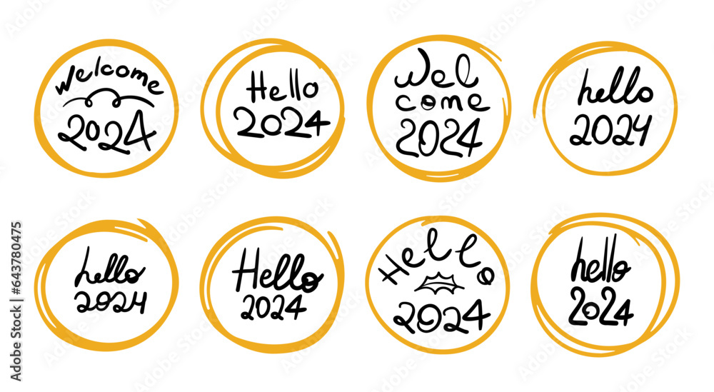 Hello 2024 doodle sticker set. Welcome New Year concept. Handwritten ...