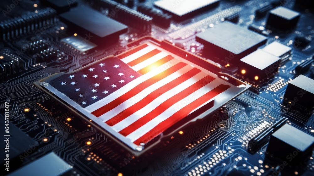 microchip located on a motherboard with an American flag included in ...