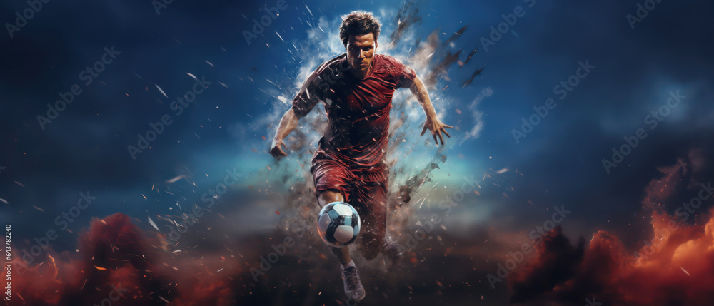 football or soccer player running fast and kicking a ball while ...