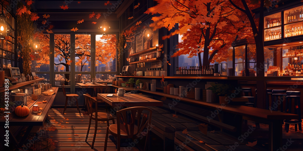 autumn night cafe wood interio twitch zoom vtuber asset obs screen ...