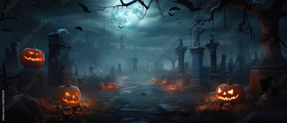Happy Halloween background spooky scene, creepy dark night jack o ...