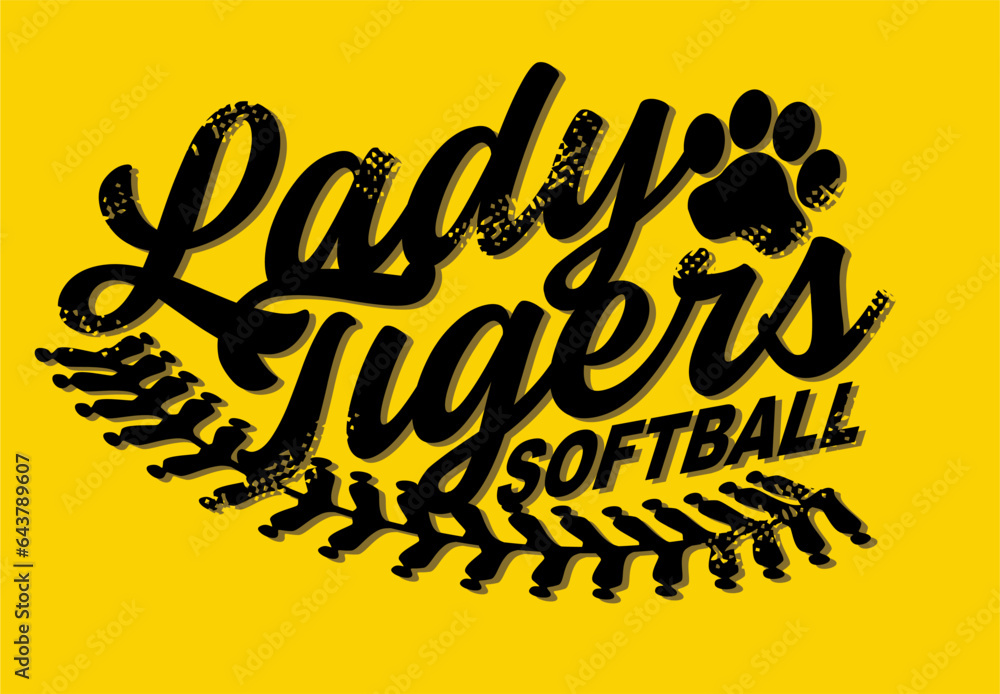 distressed lady tigers softball team design with stitches and paw print ...