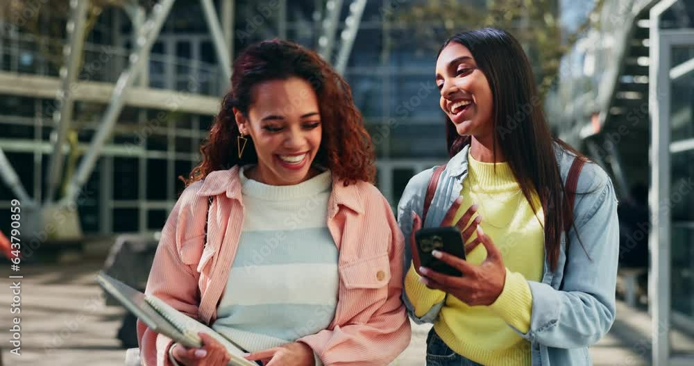 Girl friends, phone and happy on university campus outdoor with social ...