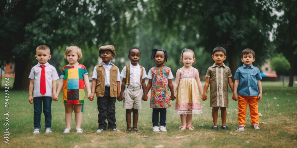 Generative AI, children of different races and nationalities hold hands ...