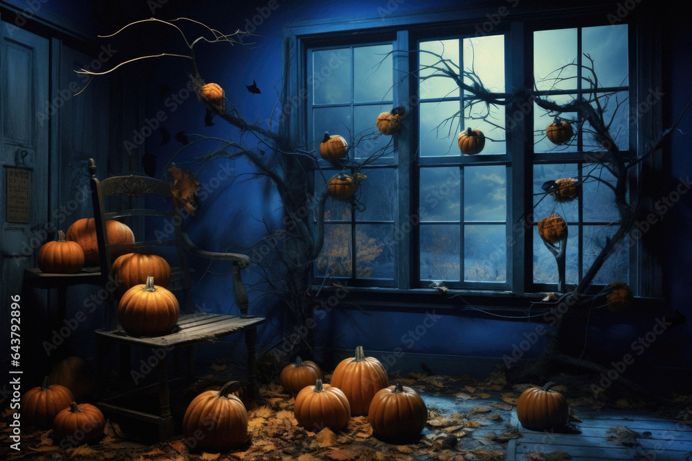 Halloween spooky background, scary pumpkins in old big creepy Happy ...