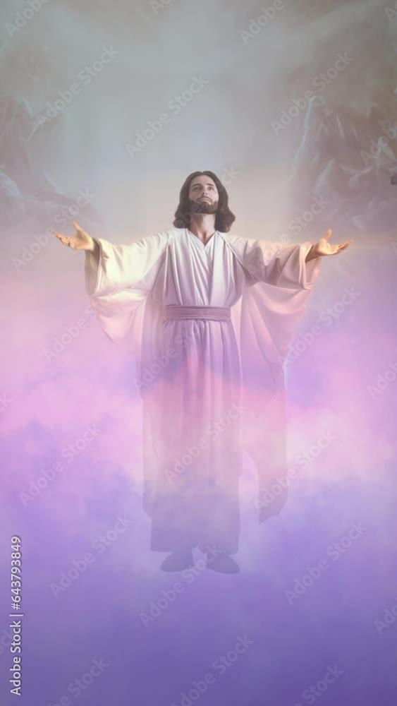 Jesus Christ our Saviour rises up to heaven through bright clouds and ...