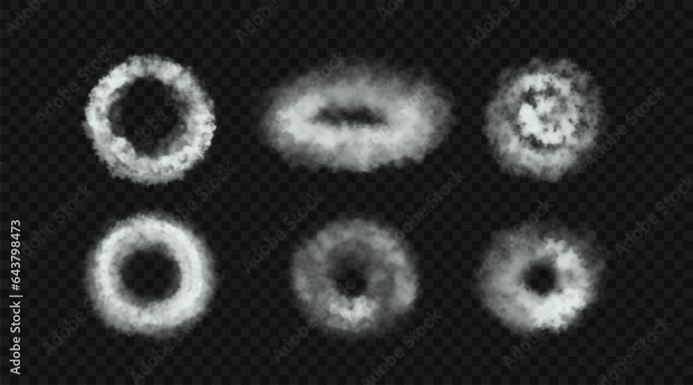 Vector smoke rings. Abstract realistic round steam. Set of haze frame ...