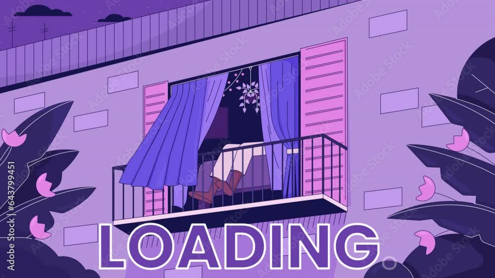 Relaxing on balcony line 2D loading animation. Curtain open window ...
