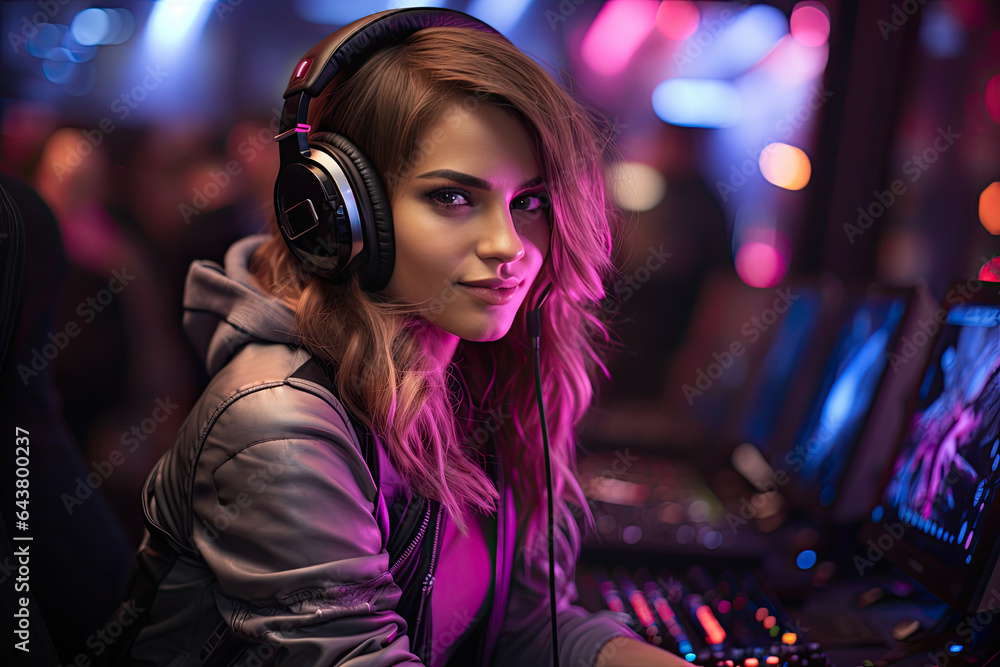 Confident girl pro gamer with headphones playing computer games with ...