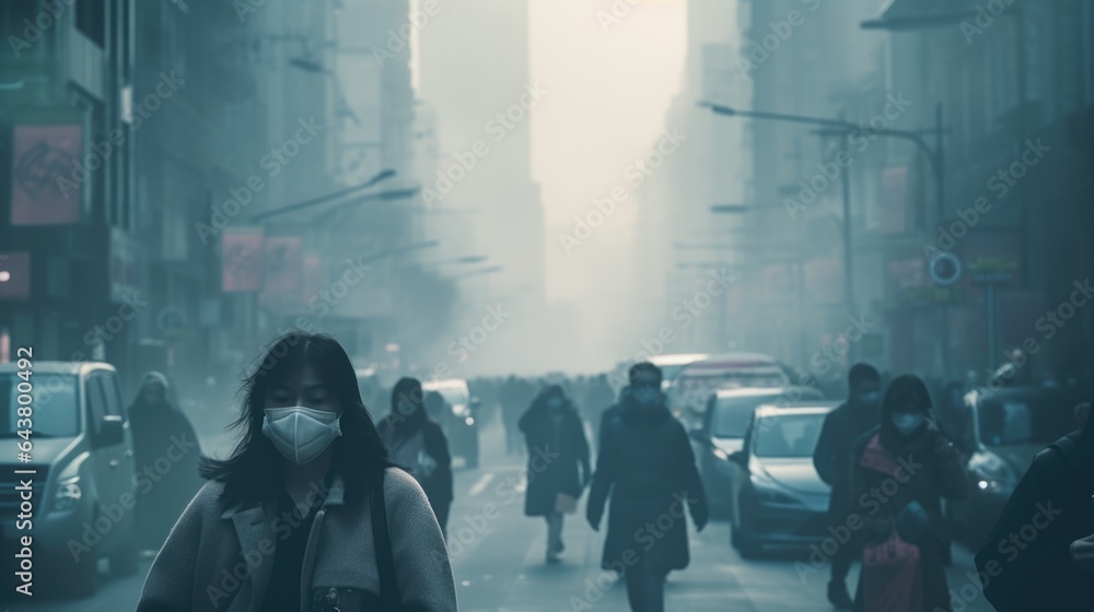 Air polluted city with crowd of people wearing smog protective masks ...