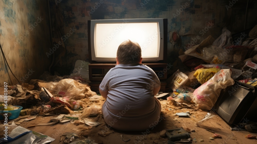 Back view of obese young kid sitting on floor with trash and mess in ...