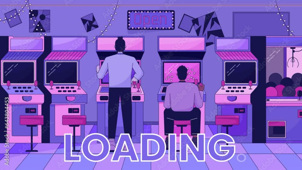 Play arcade machines line 2D loading animation. Friends gamers arcade ...