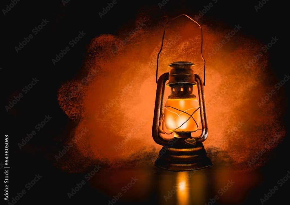 Lanterna, realistic handmade drawing of a lighted lantern on a dark ...