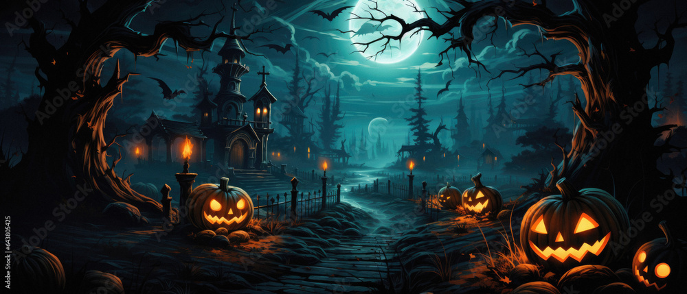 Happy Halloween background spooky scene, creepy dark night with moon ...