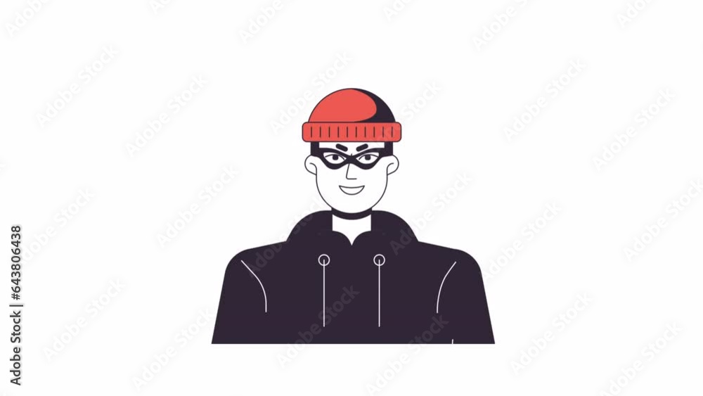 Evil smile burglar criminal line 2D character animation. Crime thief in ...