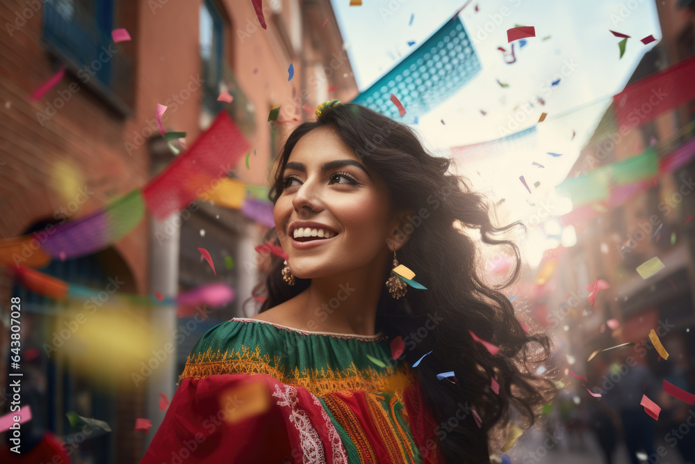 Woman wearing vibrant Mexican dress is standing in midst of colorful ...