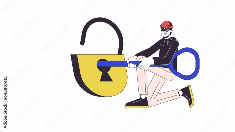 Cyber criminal unlocking lock with key in keyhole line 2D character ...