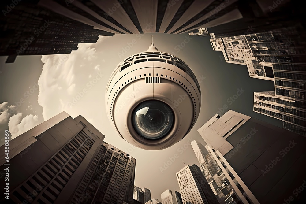Surveillance camera monitoring busy city street in dystopia. Security ...