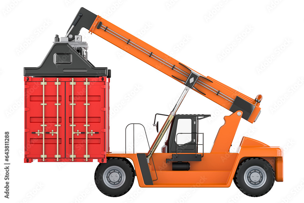 Reach stacker with cargo container, 3D rendering isolated on ...