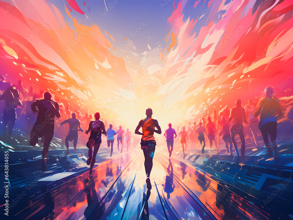 Silhouettes of athletes and sprinters running on the track at the ...