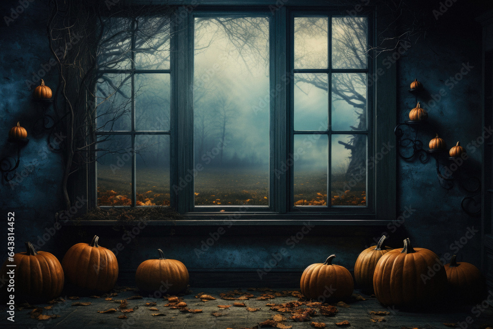 Halloween spooky background, scary pumpkins in old big creepy Happy ...