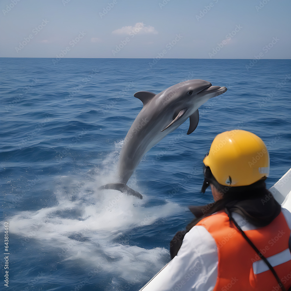 Delfín saltando fuera del agua en el mar y una persona a la que se ve ...