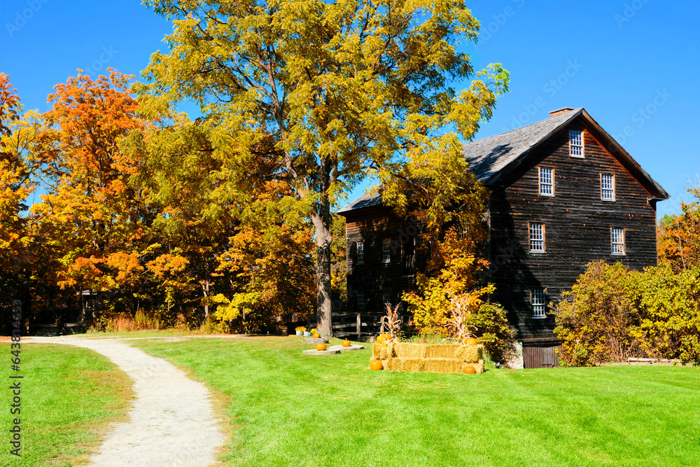 Ontario autumn countryside scene with old country wooden mill. Balls ...