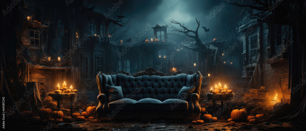 Halloween spooky background, scary pumpkins with smoke in old big ...