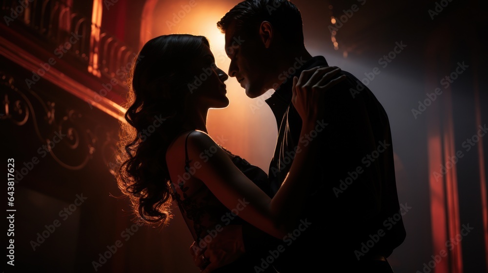 A low-angle shot of a tango dancer's passionate embrace on a vintage ...
