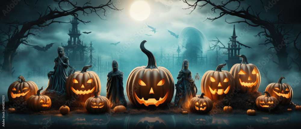 Halloween spooky background, scary pumpkins with smoke in old big ...