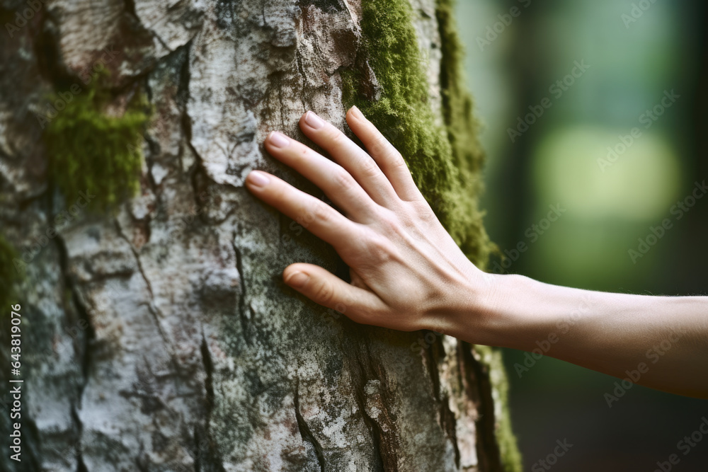 Person is shown touching tree trunk with their hands. This image can be ...