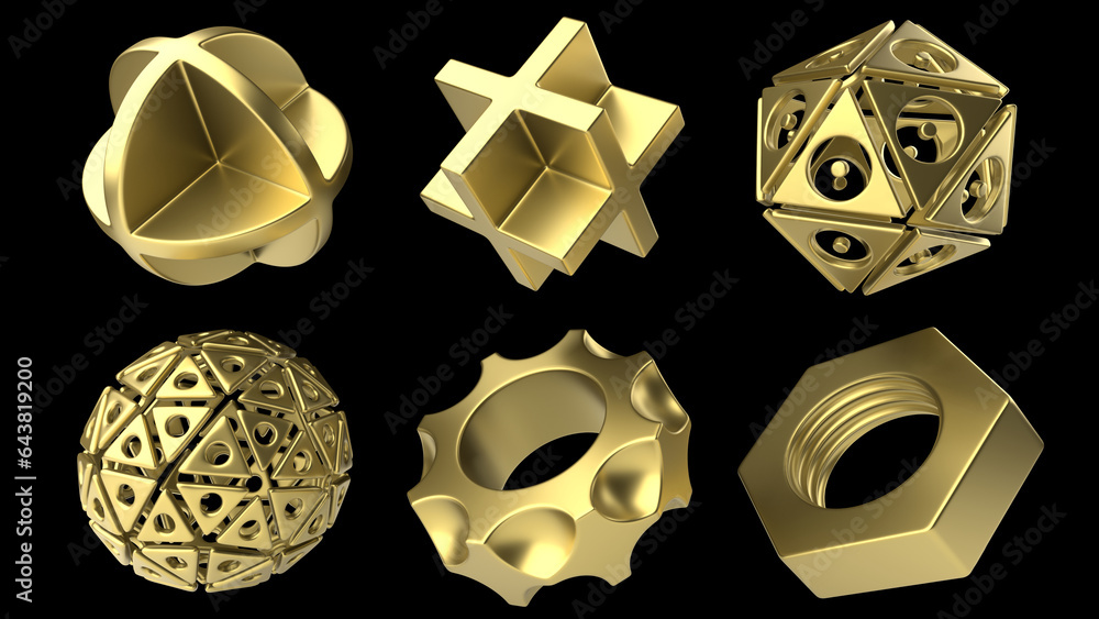 A set of 3d renderers of various abstract geometric shapes and objects. A collection of golden ...
