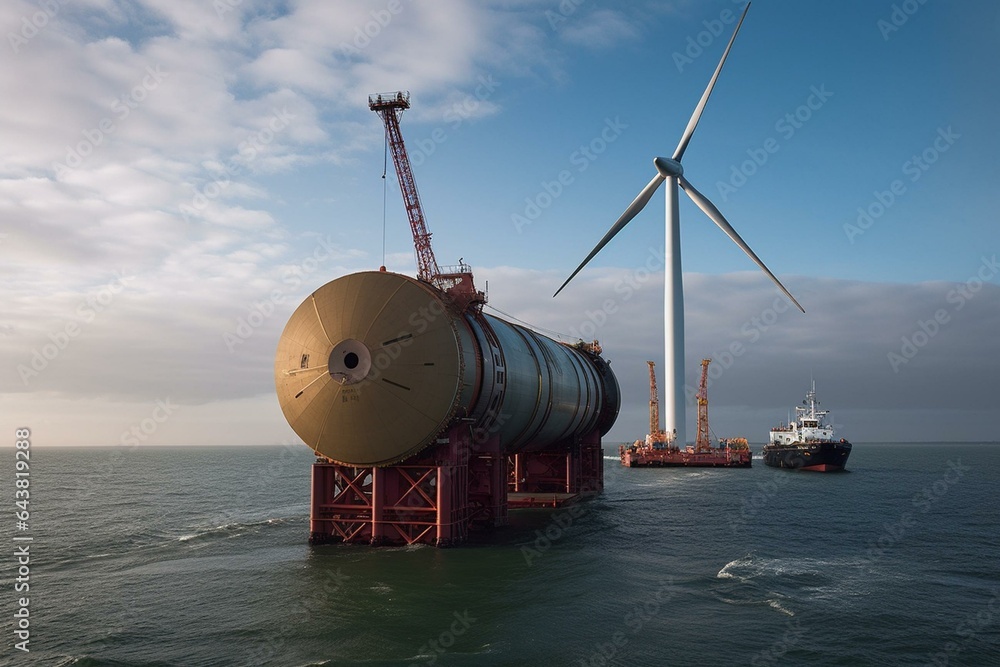 Construction of an offshore wind turbine in an English wind farm on the ...