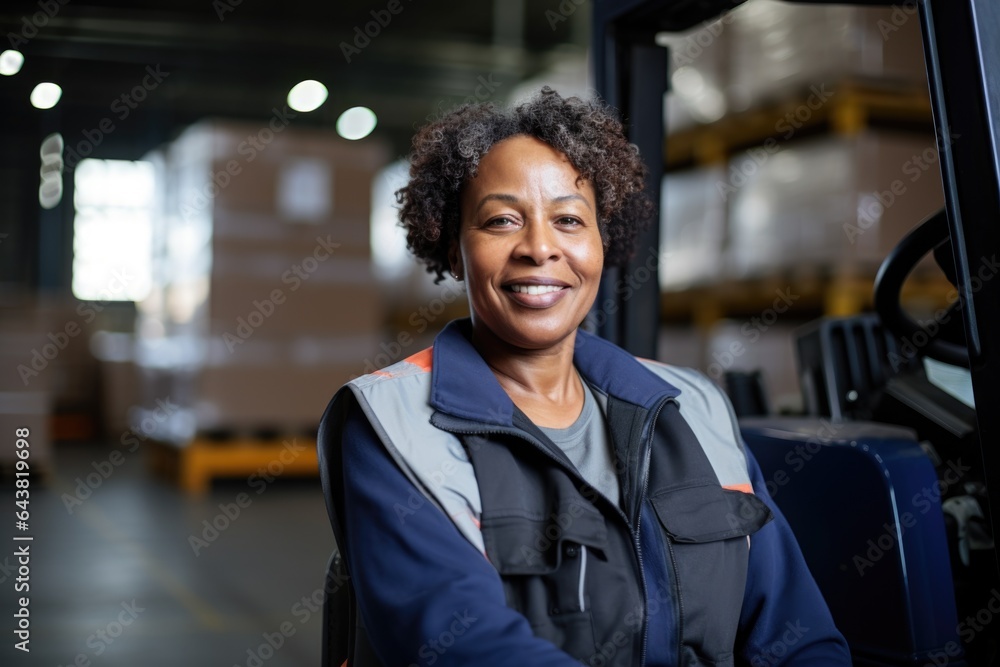 Smiling portrait of a happy female warehouse worker working in a warehouse Stock Photo | Adobe Stock
