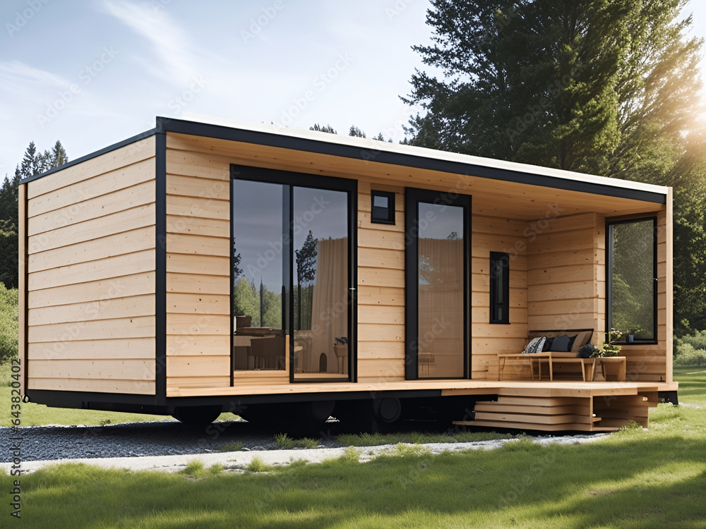Modular wooden house on wheels with flat roof and big windows all ...