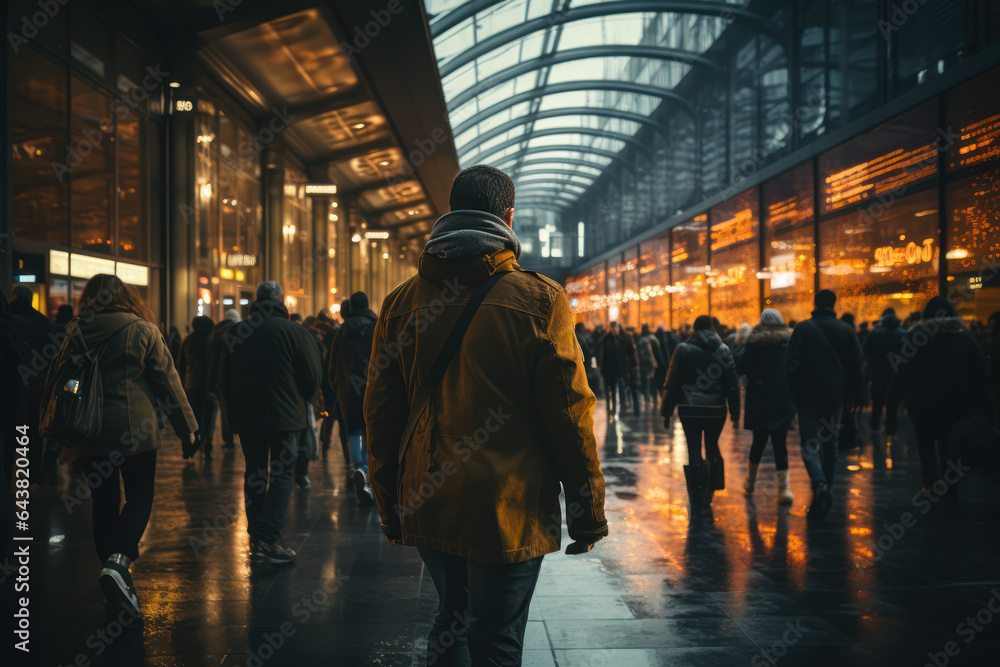 A bustling train station with people rushing to catch their trains ...