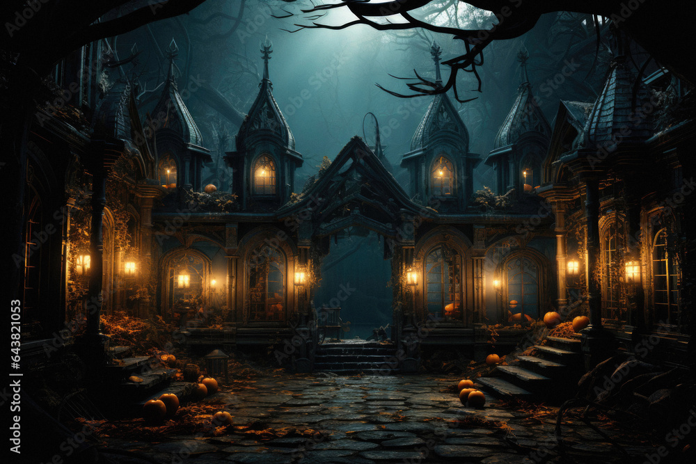 Halloween spooky background, scary pumpkins in old big creepy Happy ...