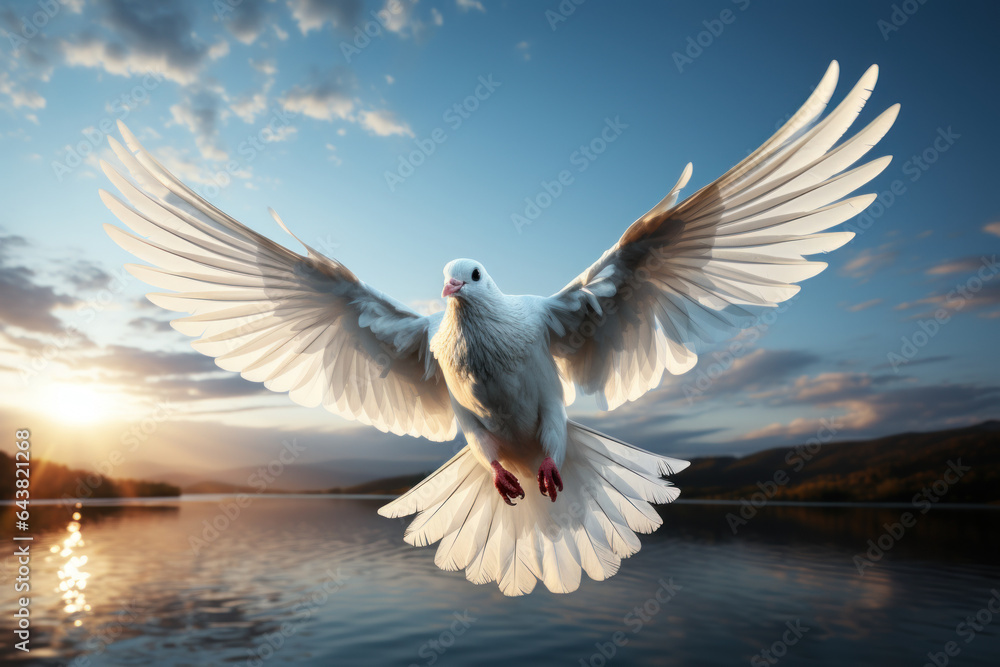 White Dove of Peace. Close-up of a white dove in flight, representing ...
