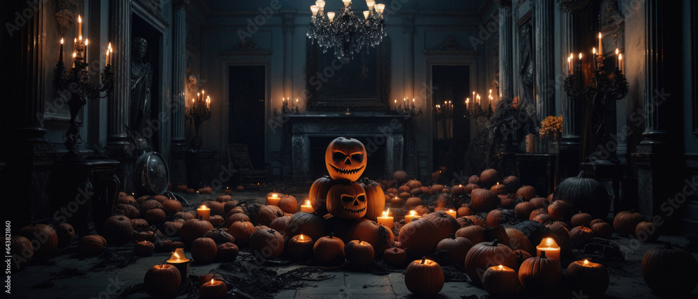 Halloween spooky background, scary pumpkins with smoke in old big ...