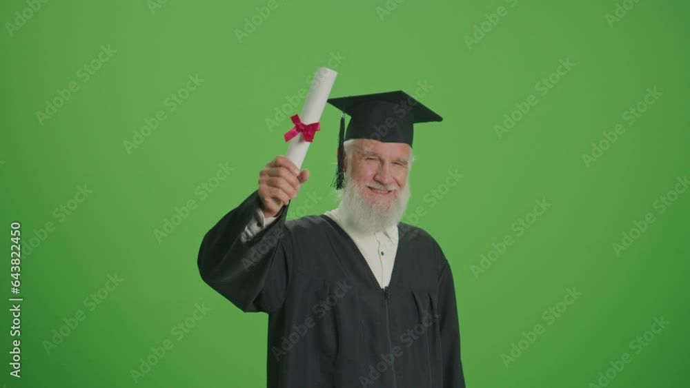 Green Screen. A Portrait of an Old Graduate Man, Shows His Diploma. An ...
