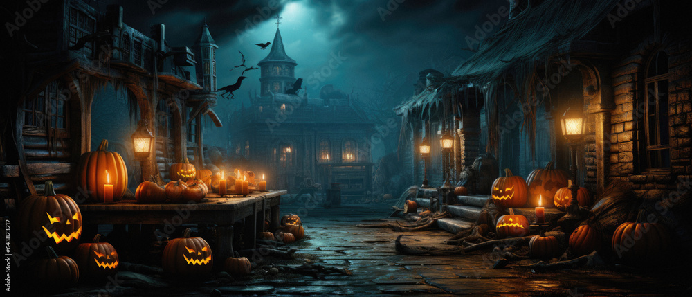 Halloween spooky background, scary pumpkins with smoke in old big ...