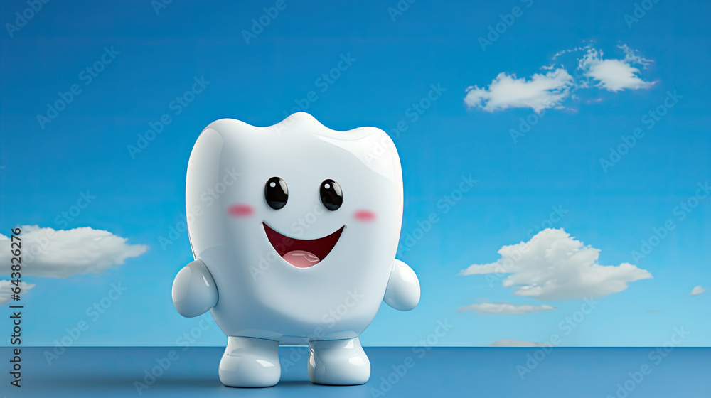 Generative AI, cheerful white toy tooth with eyes and mouth, arms and ...