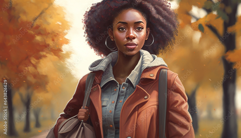 Beautiful young african woman wearing coat walking outdoors at the park, carrying backpack Stock ...