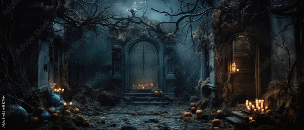 Halloween spooky background, scary pumpkins in old big creepy Happy ...