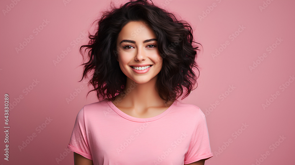 Beautiful 23 year old woman with black shaggy hair wesring a bright ...
